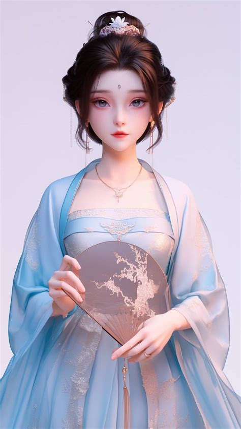 정면에서 본 중국 소녀가 화려한 연한 파란색 한복을 입고 무용수로서 전신 사진을 찍었으며 간단한 배경에 3d 부드러운 캐리카처 디즈니 스타일입니다