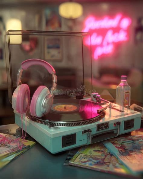 Pink Headphones On Teal Retro Record Player Stock Illustration Illustration Of Vintage