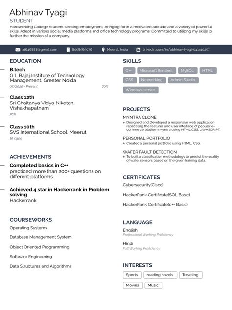 Abhinav Tyagis Resume Pdf My Sql Computing