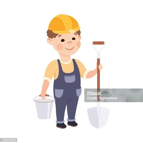 스페이드와 양동이를 가진 귀여운 빌더 하드 햇의 어린 소년과 건설 도구 만화 스타일 벡터 일러스트와 파란색 바지 공사장 인부에