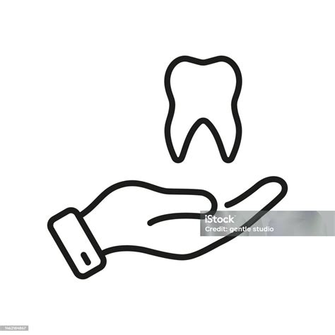 치과 치료 라인 아이콘입니다 치아와 인간의 손 치과 의사 지원 개념 구강 보호 선형 픽토그램 치과 개요 기호입니다 치과 치료 편집 가능한 획 고립된 벡터 그림 건강 진단에
