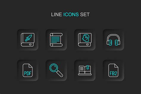 라인 Fb2 파일 오픈 북 돋보기 Pdf 파일 문서 헤드폰 법률 법령 양피지 두루마리 및 무기 아이콘에 대한 책을 설정합니다