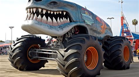 Monster Truck With Large Teeth Is Part Of A Big Event For Monster Trucks Background Megalodon
