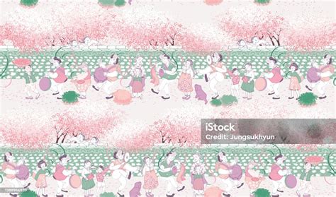 이웃의 어린이와 사람들을 보는 벚꽃의 매끄러운 패턴 그림 한국의 현대적인 디자인 한국 문화에 대한 스톡 벡터 아트 및 기타 이미지 한국 문화 개화기 계절 Istock