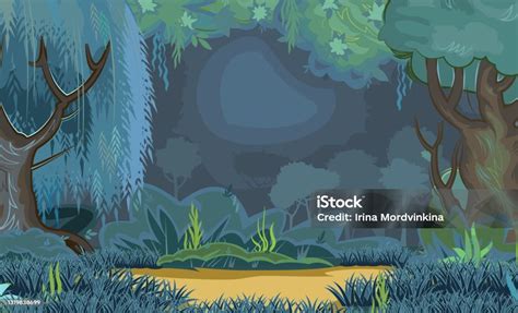 저녁에 밝은 숲의 글레이드 밤에 어두운 나무 운동장 잔디와 언덕 가장자리 초원과 덤불 아름답고 우아한 나무 잔디 플랫 스타일 만화 디자인 벡터 나무에 대한 스톡 벡터 아트