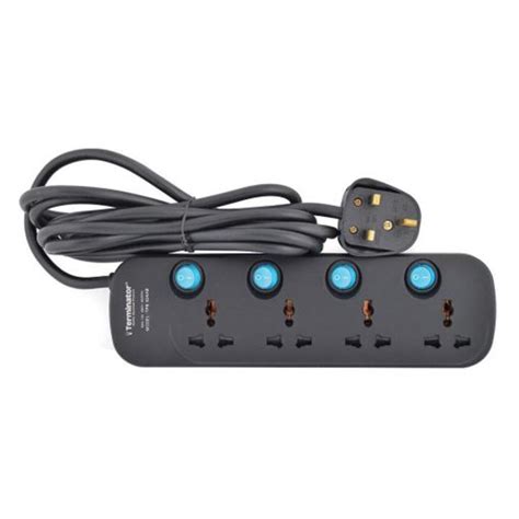 4 Way Universal Power Extension Socket 3x1 25mm2 Black Body And Blue Switches 3m Cable 13a Plug