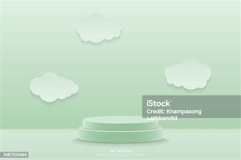 사실적인 3d 실린더 연단 받침대 무대 또는 제품 진열대가 벽에 잘린 구름 종이로 렌더링된 추상적인 녹색 3d 스튜디오 룸 3d 벡터 렌더링 모형 템플릿을 위한 구름 장면