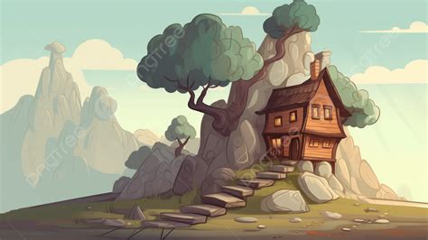 كرتون بيت الحجر الخلفية منازل شجرة بيت الكرتون صورة الخلفية للتحميل