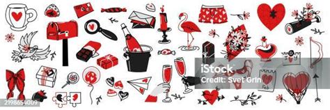 낙서 스타일 발렌타인 데이 세트 검은색과 빨간색 선형 윤곽선 고립된 벡터입니다 하트 열쇠와 자물쇠 꽃다발 우편물 샴페인 과자 활과 화살 풍선 등이 들어간 봉투 0명에 대한