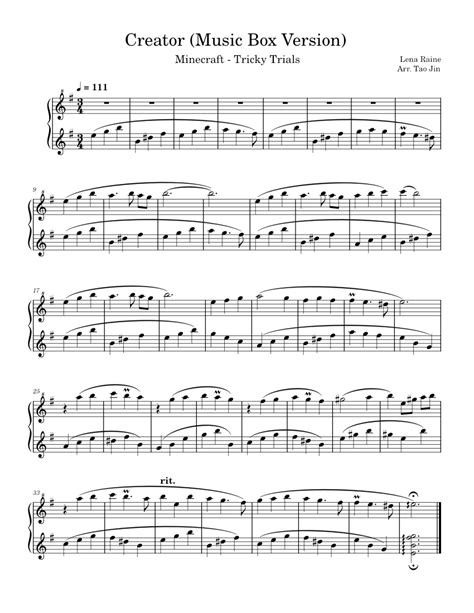 Creator Music Box Version Lena Raine Sheet Music For Piano Solo