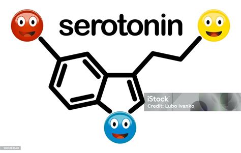산소와 수소 분자 대신 이모티콘 스마일와 세로토닌 신경 전달 물질의 화학 구조 좋은 분위기와 행복의 근원으로 세로토닌의 개념 세로토닌에 대한 스톡 벡터 아트 및 기타 이미지
