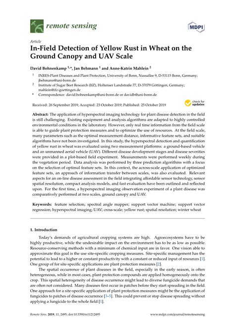Pdf In Field Detection Of Yellow Rust In Wheat On The Ground Canopy And Uav Scale
