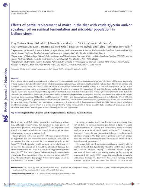 Pdf Effects Of Partial Replacement Of Maize In The Diet With Crude Glycerin Andor Soyabean