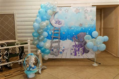 Cute Blue Themed Teddy Bear Party Decoration With Balloons And Backdrop
