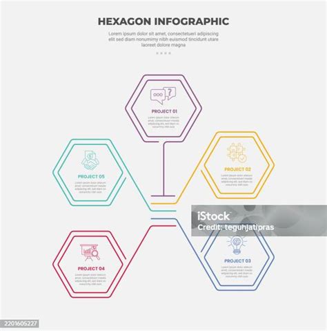 육각형 또는 육각형 기본 모양 인포 그래픽 개요 스타일 5 포인트 템플릿 육각형 중심 선 사이클 슬라이드 프리젠 테이션을위한 원형 0명에 대한 스톡 벡터 아트 및 기타