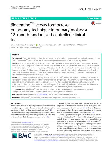Pdf Biodentine Tm Versus Formocresol Pulpotomy Technique In Primary Molars A 12 Month