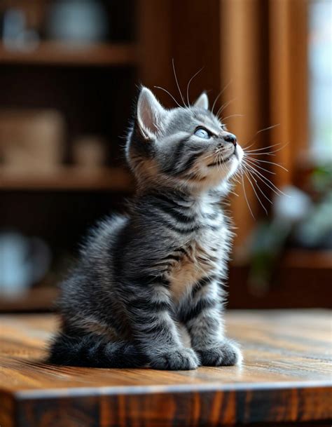 «Серый котенок сидит на столе и … — картинка создана в Шедевруме