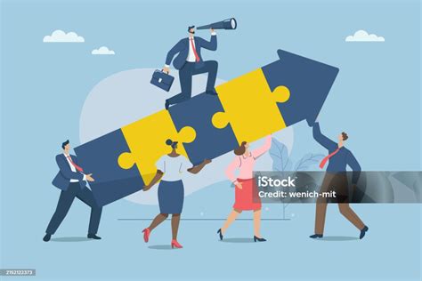 먼 비전을 가진 회사 또는 조직의 성장 단결 팀 빌딩 및 비즈니스 개념으로 직소 퍼즐을 완성하기 위해 함께 일하는 사업가 벡터 디자인 그림입니다 일체감에 대한 스톡 벡터