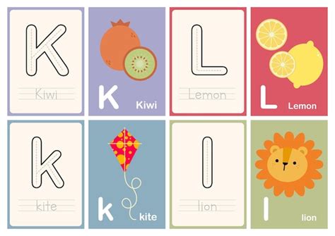 평면 디자인 귀여운 다채로운 알파벳 플래시카드 워크시트 인쇄용 어린이 활동 그림 세트 프리미엄 벡터