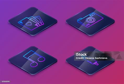 하트 기호 음악 노트 톤 사진 카메라 및 롤링 핀으로 카드 재생 등도 측정 라인을 설정합니다 파란색 정사각형 버튼 벡터 3차원 형태에 대한 스톡 벡터 아트 및 기타 이미지