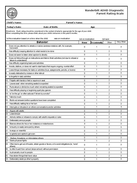 Vanderbilt Adhd Diagnostic Rating Scale Form Example Download
