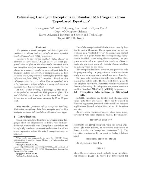Pdf Estimating Uncaught Exceptions In Standard Ml Programs Fromtype Based Equations
