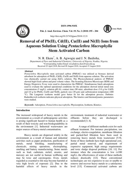 Pdf Removal Of Of Pbii Cdii Cuii And Niii Ions From Aqueous Solution Using