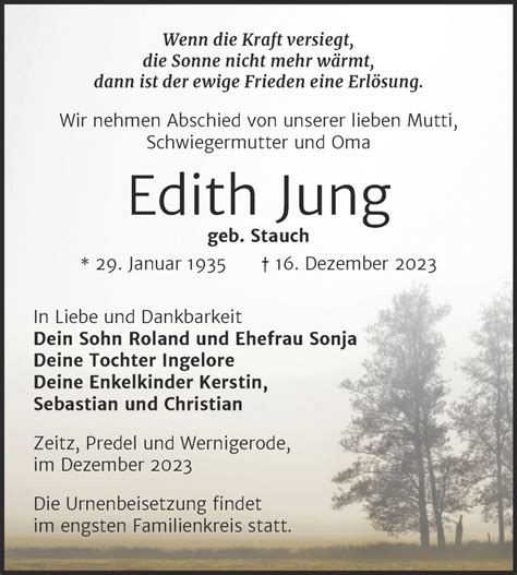 Traueranzeigen Von Edith Jung Abschied Nehmen De