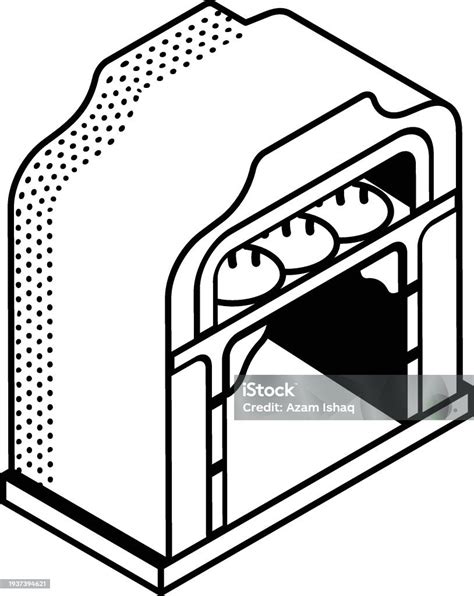 포도 수확 Cobb 오븐 굽기 빵 등각 투영 개념 장작불 석탄 화덕 손으로 그린 벡터 빵집 와 빵집 와 빵집 그림 음식 준비 와