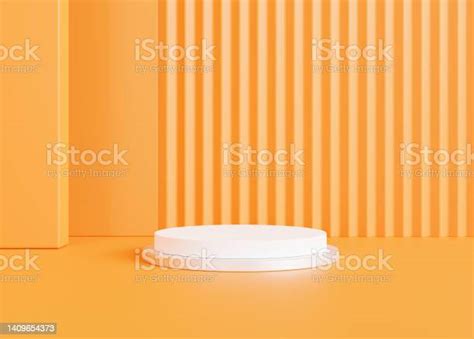 제품 디스플레이 흰색 연단 스탠드 받침대 오렌지색 배경 3d 일러스트 제품 배치를위한 빈 디스플레이 장면 프리젠 테이션 0명에 대한 스톡 사진 및 기타 이미지 Istock