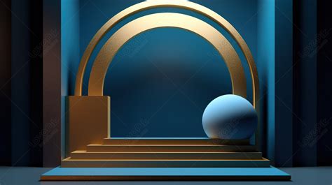 기하학적 배경과 반원형 스탠드를 갖춘 현대적인 파란색 및 금색 3d 연단 현대적인 디자인 블루 골드 배경 연단 배경
