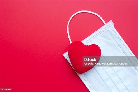 코로나바이러스 질병 감염에 대한 붉은 배경에 심장 모양 장식과 의료 얼굴 마스크 사랑 함께 해피 발렌타인 데이 에 따라 코비드19 전염병 개념 0명에 대한 스톡 사진 및