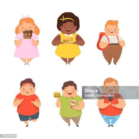 과체중 어린 아이들은 건강에 해로운 음식 벡터 세트를 과식 하는 여분의 체지방 지방 영양소에 대한 스톡 벡터 아트 및 기타 이미지 지방 영양소 아이 어린 시절