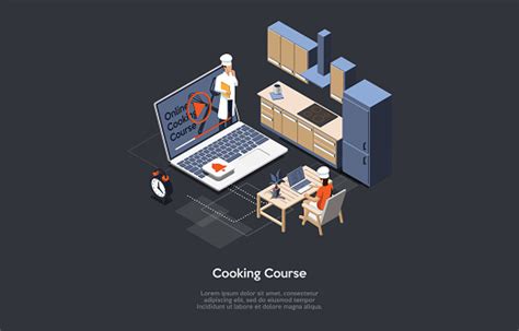 온라인 요리 과정 현대 원격 교육 서비스 학습 비디오 프로그램 개념 벡터 만화 스타일 일러스트레이션 텍스트 문자 인포그래픽이 있는 3d 등극 구성 노트북 주방 요리하기 음식