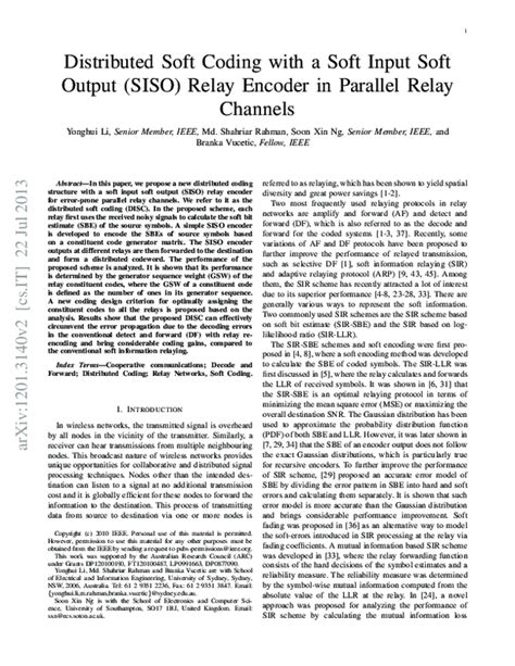Pdf Distributed Soft Coding With A Soft Input Soft Output Siso Relay Encoder In Parallel