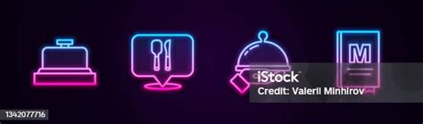 세트 라인 호텔 서비스 벨 카페 및 레스토랑 위치 음식 및 레스토랑 카페 메뉴 트레이로 덮여 빛나는 네온 아이콘 벡터 피자에 대한 스톡 벡터 아트 및 기타 이미지 Istock