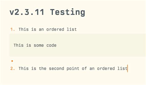 Resolved Nested Lists Of Different Types Cant Be Indented With A Code Block Bear Bug Report