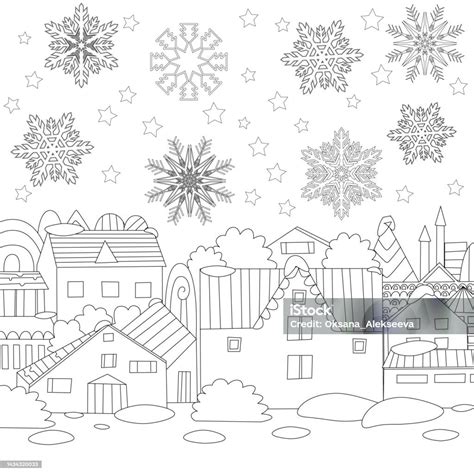 색칠 공부를 위해 밤하늘에 떨어지는 눈송이와 별이있는 겨울 도시 풍경 눈 냉동상태의 물에 대한 스톡 벡터 아트 및 기타 이미지 눈 냉동상태의 물 색칠하기 눈송이
