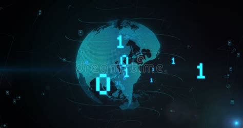 image of binary coding and light spot over spinning globe against blue