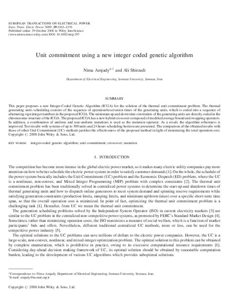 Pdf Unit Commitment Using A New Integer Coded Genetic Algorithm