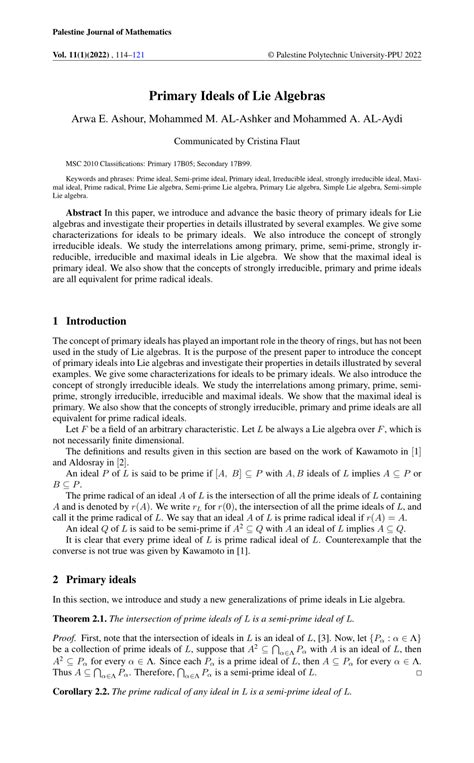 Pdf Primary Ideals Of Lie Algebras