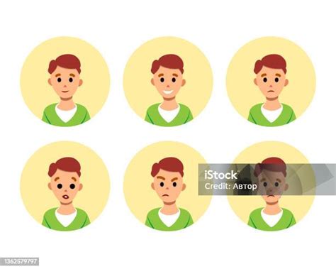 소년 감정 세트 플랫 벡터 아바타 다채로운 캐릭터 울음 미소 화가 실망 놀람 혼란 화가 이모티콘 일러스트 레이 션 템플릿 성인 남자 얼굴 Brand Name Online