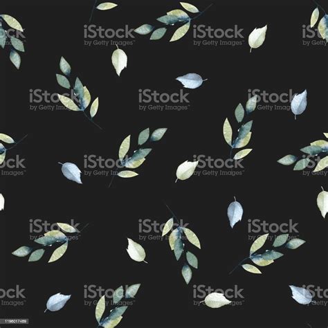 수채화 파란색과 회색 잎과 가지 원활한 패턴 어두운 배경에 그려진 손 0명에 대한 스톡 벡터 아트 및 기타 이미지 0명 가을 검은색 Istock