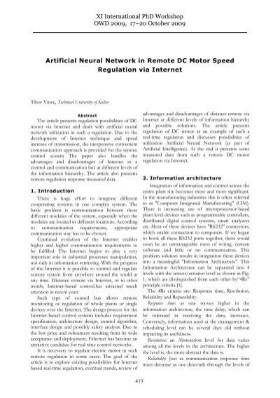 Artificial Neural Network In Remote Dc Motor Speed Regulation Via