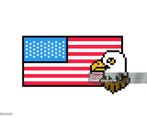 7월 4일 일러스트레이션 미국 국기 배경의 픽셀 아트 이글 8 비트 독립 기념일 배너 미국 휴일 인사말 카드 올드 스쿨 빈티지 복고풍 슬롯 머신 비디오 게임 그래픽 독수리에