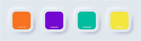 네온 컬러 가이드 팔레트 카탈로그 멀티 컬러 그린 보라색 노란색 오렌지 핑크 시안 화려한 부드러운 버튼 또는 선명한 색상 구가 평평합니다 파스텔 샘플 신형태 벡터 0명에