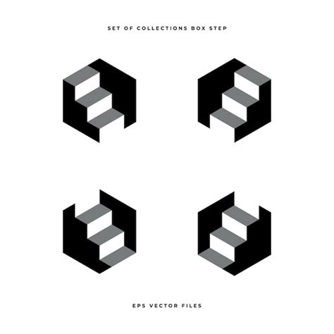 계단 계단 로고 디자인 영감이 있는 큐브 상자 육각형 세트 프리미엄 벡터