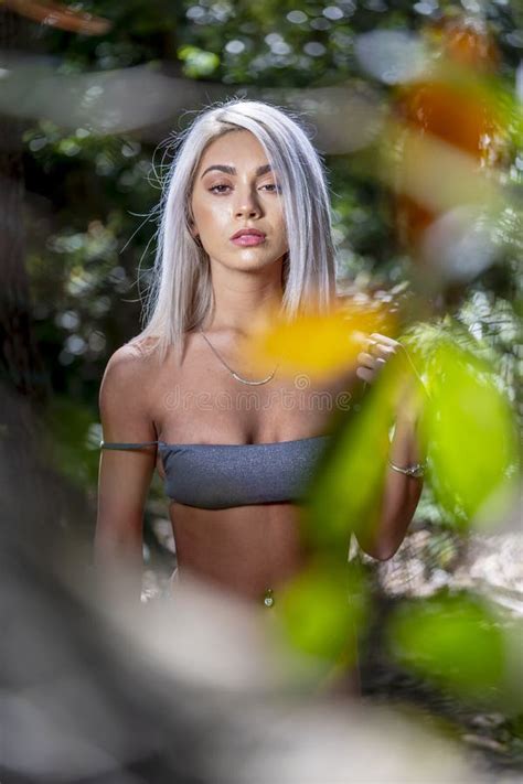 A Lovely Blonde Bikini Model Poses Outdoor While Enjoying A Summers Day Stock Image Image Of