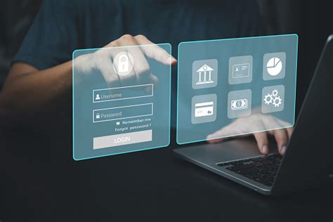 인터넷 뱅킹 온라인 보안 연결 네트워크 로그인 및 암호 개인 정보 비즈니스 사이버 보안 디지털 기술 노트북 아이콘 개념이 있는 가상 화면 사생활에 대한 스톡 사진 및 기타