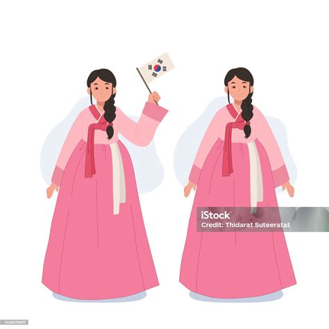 전통 드레스를 입은 한국 여성 한복 한국 국기를 들고 있는 한국 여성 벡터 일러스트레이션 국기에 대한 스톡 벡터 아트 및 기타 이미지 Istock
